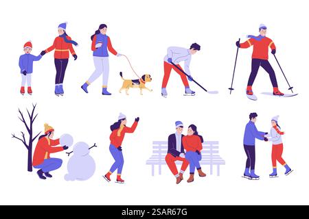 couple of people with snowman in winter landscape vector illustration ...