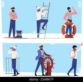 Captains and sailors. Navy marine or ocean workers mariner sailors in ...