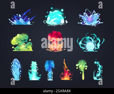 Magic explosion, bomb boom game effect. Blue and orange fire blast with ...