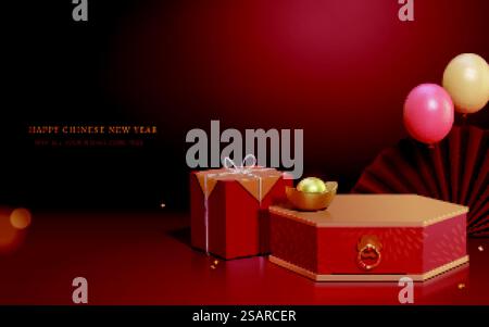 Hexagon 3d red and gold podium with lantern, traditional Chinese ...