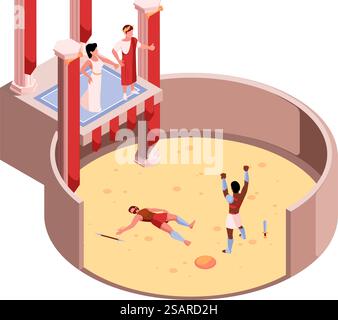 Colosseum battle. Gladiator fighters with weapon fighting on round ...