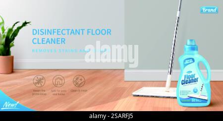 Floor cleaner ad banner in 3D design. Realistic package mock up with ...