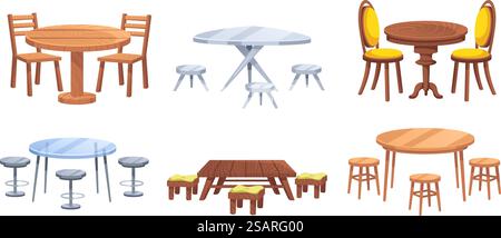 Cartoon furniture. Tables with chairs for dining, restaurant and picnic ...