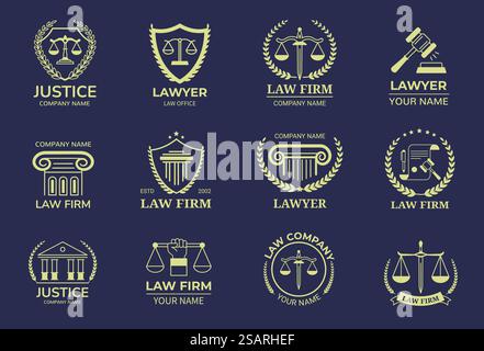 Law emblems. Lawyer badge template with scales of justice, judges gavel ...