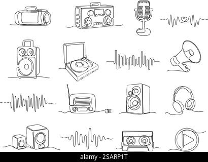 Music wave vector simple. Continuous one line drawing. Minimalist black ...