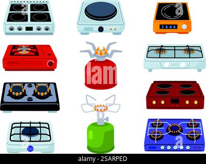 Cartoon stoves. Kitchen electric hob, camping stove gas burner and ...