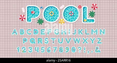 Pool party font. Swimming pools alphabet letters and numbers with water ...