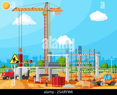 House construction site with workers cartoon illustration Stock Vector ...