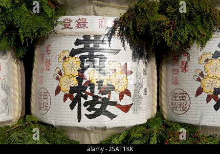 Decorative sake barrels ("sakadaru" or "kazaridaru") containing ...