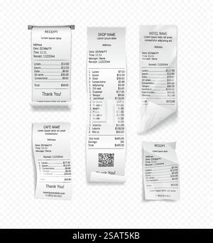 Realistic set of shop receipts isolated on transparent background. Vector illustration of cash ...