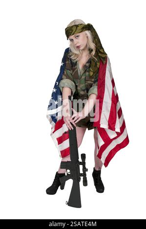 Young female soldier with USA flag on dark background Stock Photo - Alamy