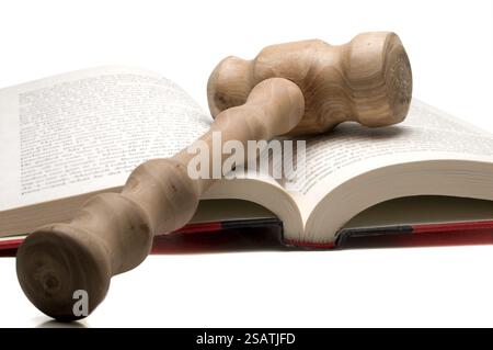 An open law book and a judges gavel Stock Photo - Alamy