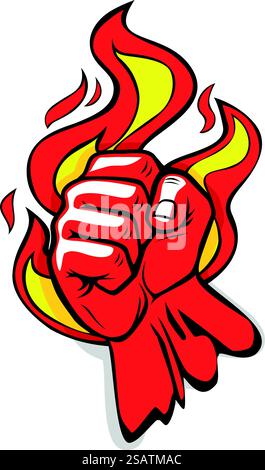 Flaming red fiery fist emblem vector illustration. Clenched fist in ...