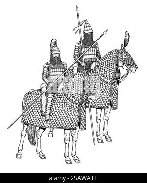Handmade historical drawing with the Parthian heavily armed horsemen ...