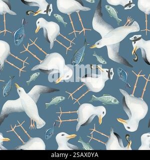 Watercolor seamless pattern with flying and standing seagulls. Minimal ...