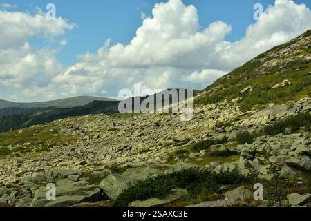 The gentle slope of a high hill with low sparse grass under a cloudy ...