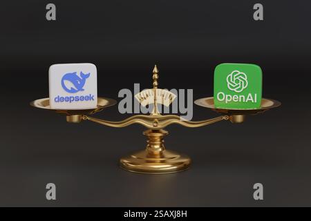 Deepseek and OpenAi logos on a scale isolated on white background ...