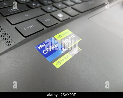 Laptop with intel core i9 and nvidia geforce rtx stickers on keyboard ...