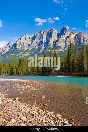 Castle Mountain behind the Bow river at Castle Junction, Banff National Park, UNESCO Site ...
