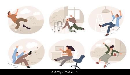 People slipping and falling. Cartoon characters stumble and fall down ...