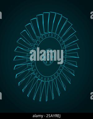 Engine compressor blisk and turbine blades blueprints illustration ...