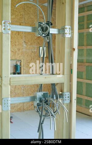The first fix by electricians in wiring a property. Coiled wire ready ...