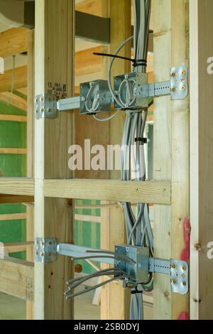 The first fix by electricians in wiring a property. New build wire ...