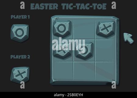 Tic-Tac-Toe stone style, UI game with cursor arrow. Vector cartoon ...