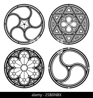 Set of vector silhouettes of cathedral round gothic windows. Forging or ...