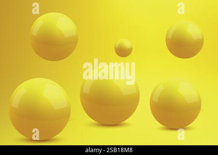 Glossy yellow spheres resting and floating on a vibrant yellow surface ...