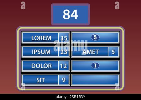 Game show scoreboard with blue panels displaying answers, points, and a ...
