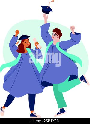 young couple students graduated celebrating with ribbon vector ...
