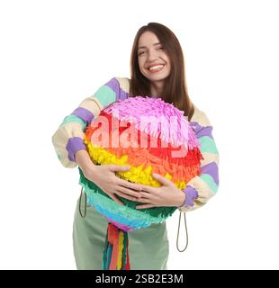 Happy woman with colorful pinata isolated on white Stock Photo - Alamy