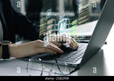 Artificial intelligence. Woman using laptop at table, closeup. Scheme ...