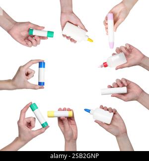 People holding different types of glue in hands isolated on white, set ...
