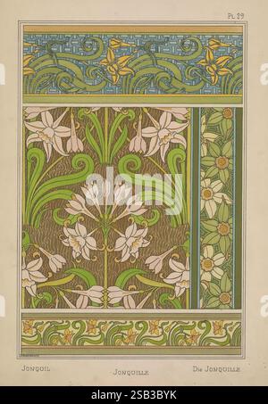 A vibrant pattern features stylized floral shapes and ornate vessels ...