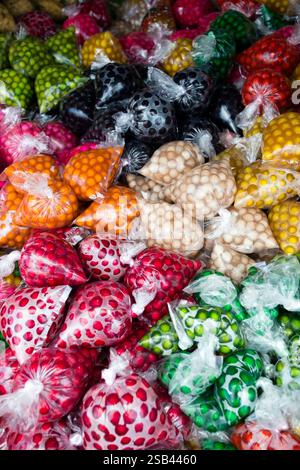 Assortment of colorful sago pearls. Sago is a starch extracted from the ...