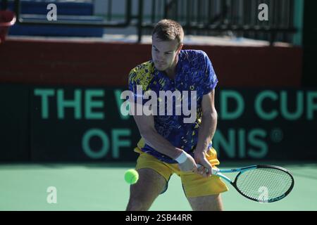 Aziz Dougaz of Tunisia during the 2025 Qatar ExxonMobil Open, ATP 500 ...