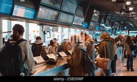 A bustling airline ticket counter showcases the seamless check-in ...