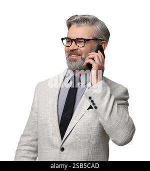 Banker talking on smartphone against white background Stock Photo - Alamy