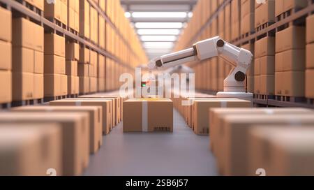 Automated Warehouse with Robotic Arms Efficiently Sorting Packages and Coordinating Shipments ...