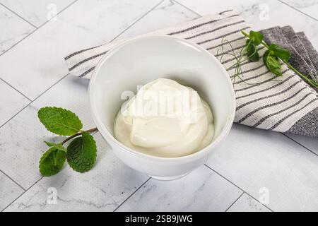 Traditional soft dietary Greek yoghurt served mint leaves Stock Photo ...
