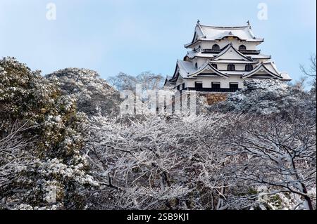 Snowy winter scene at Hikone Castle, one of twelve original feudal ...