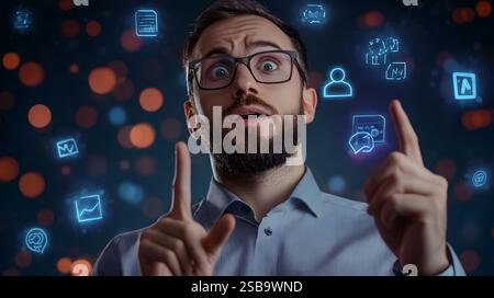Businessman Pointing to Holographic Marketing Icons on Modern Dark ...