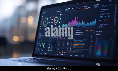 Floating Real-Time Analytics Dashboard on Laptop Screen with Glowing Data Icons,Blue 3D of ...