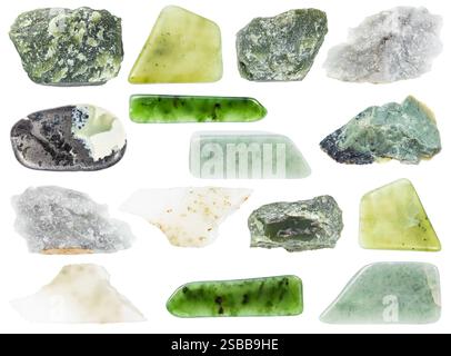 set of various samples of raw jadeite minerals isolated on white ...