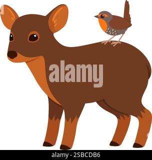 Pudu deer and Chucao bird, wildlife symbols of Chile. Black and white ...