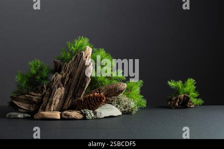 Abstract nature scene with a composition of spruce branches, stones ...