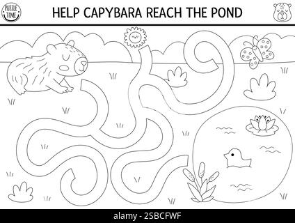 Capybara black and white maze, seek and find game with apple. Capibara ...