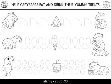 Capybara black and white drawing, writing, tracing and coloring page ...